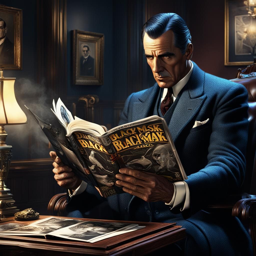 Detective Sam Spade reading a copy of the 1929 "Black Mask" magazine ...