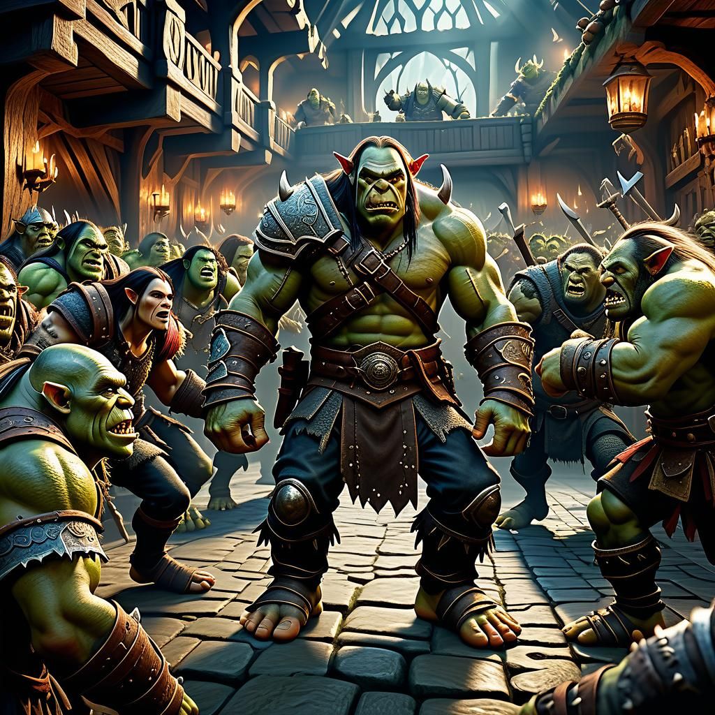 Elves and Orcs barroom brawl, - AI Generated Artwork - NightCafe Creator