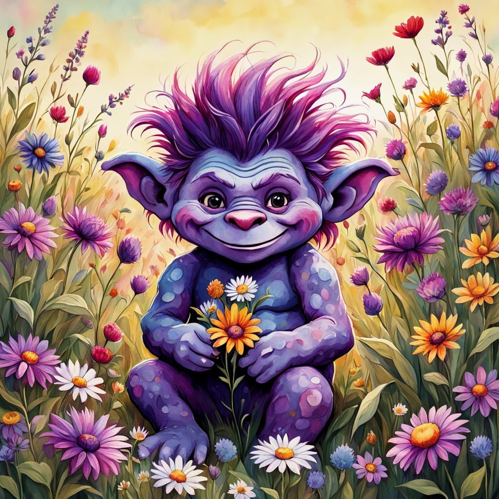 A purple troll with messy wild colorful hair holding a teddy bear in a ...
