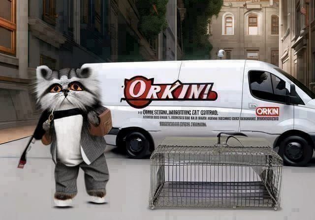 Orkin Cat in uniform and pest control services van, carrying rat trap ...