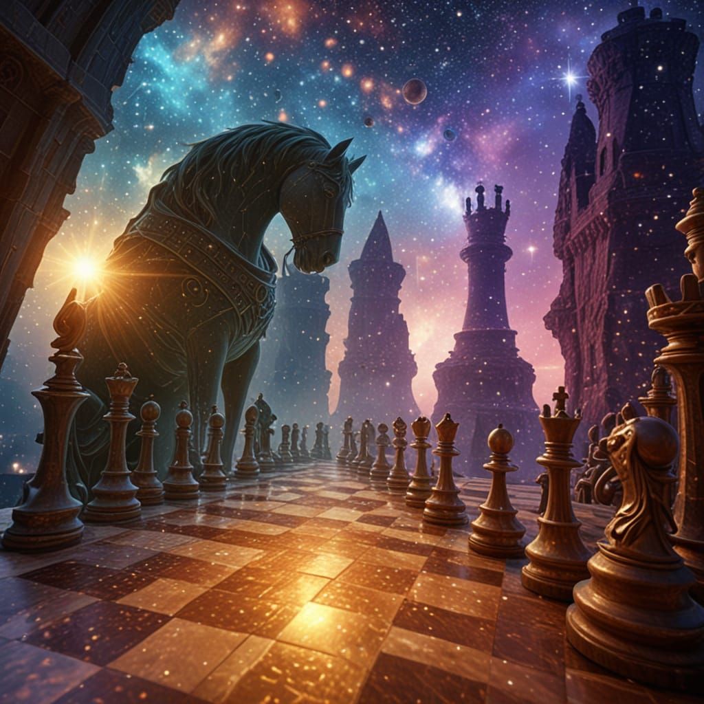 Play - Mystical Chess Pieces Emerge in Cosmic Sky