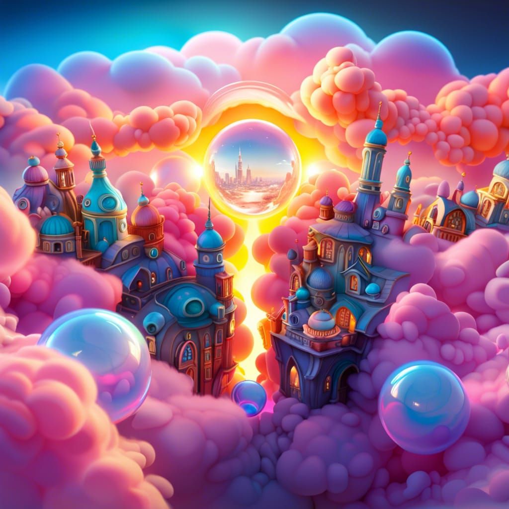 bubble city emmerging from fluffy clouds - AI Generated Artwork ...