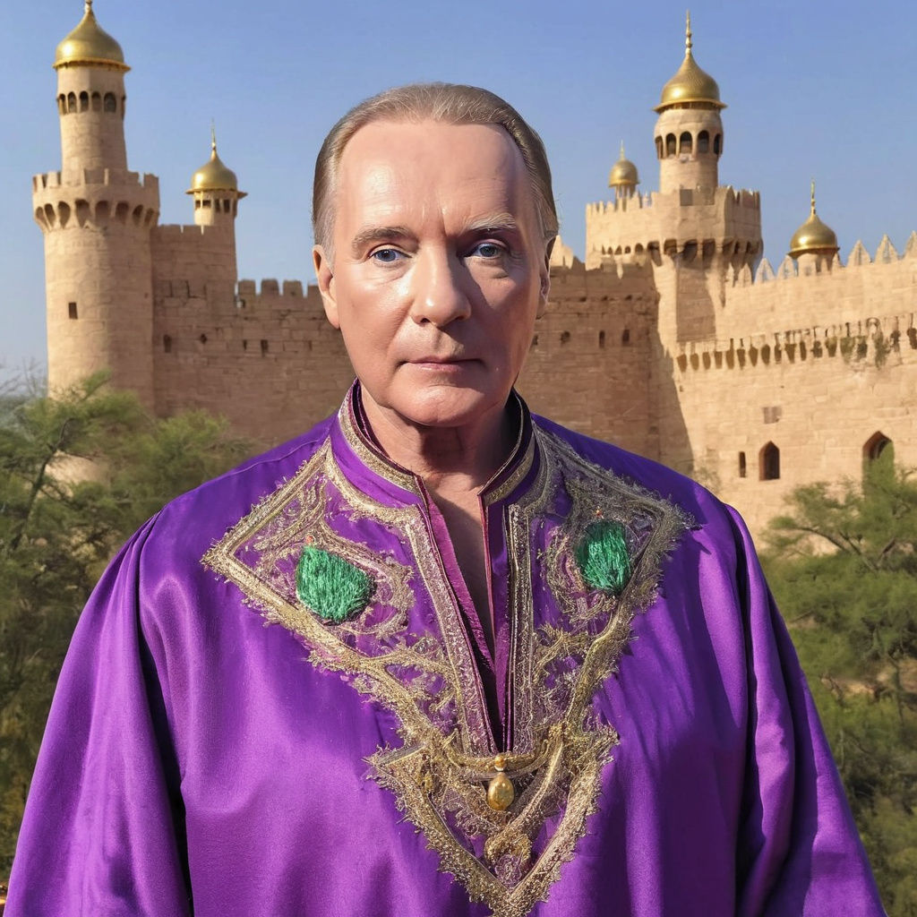 portrait of Gene as a genie wearing purple robes embroidered with gold ...