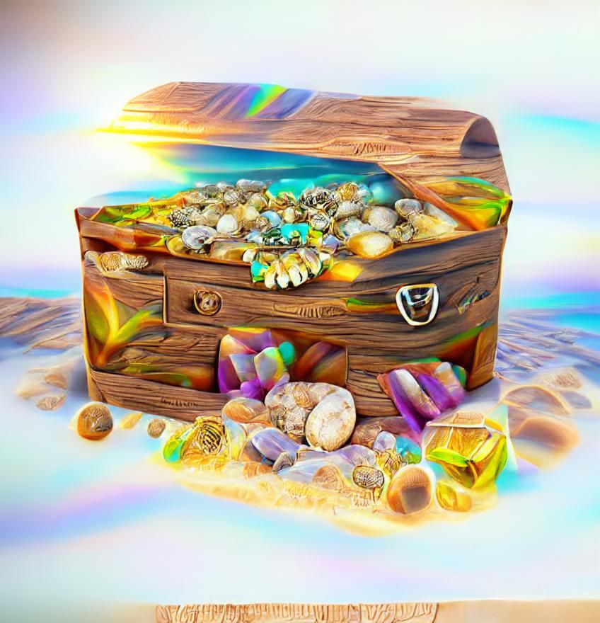 Ancient Wooden Treasure-Chest, Open, within are sparking iridescent ...