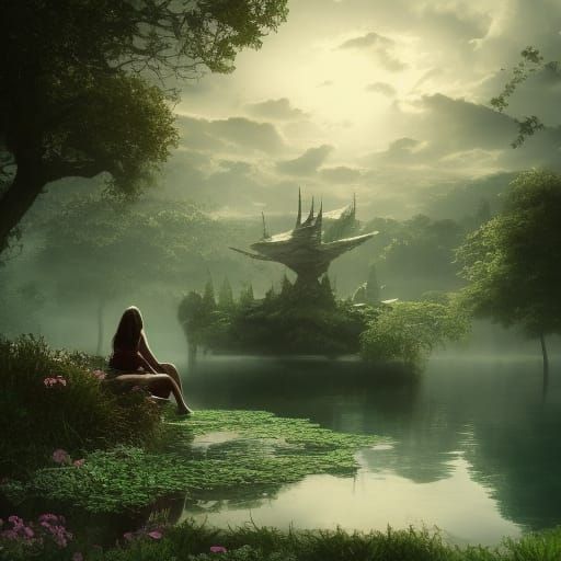 beautiful girl lying on a bench next to a pond, dipping her fingers ...