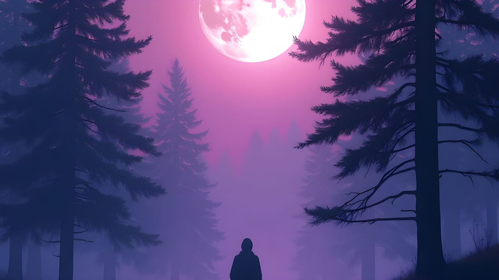 Mystical Violet Night Sky with Moonlit Pine Trees - AI Art