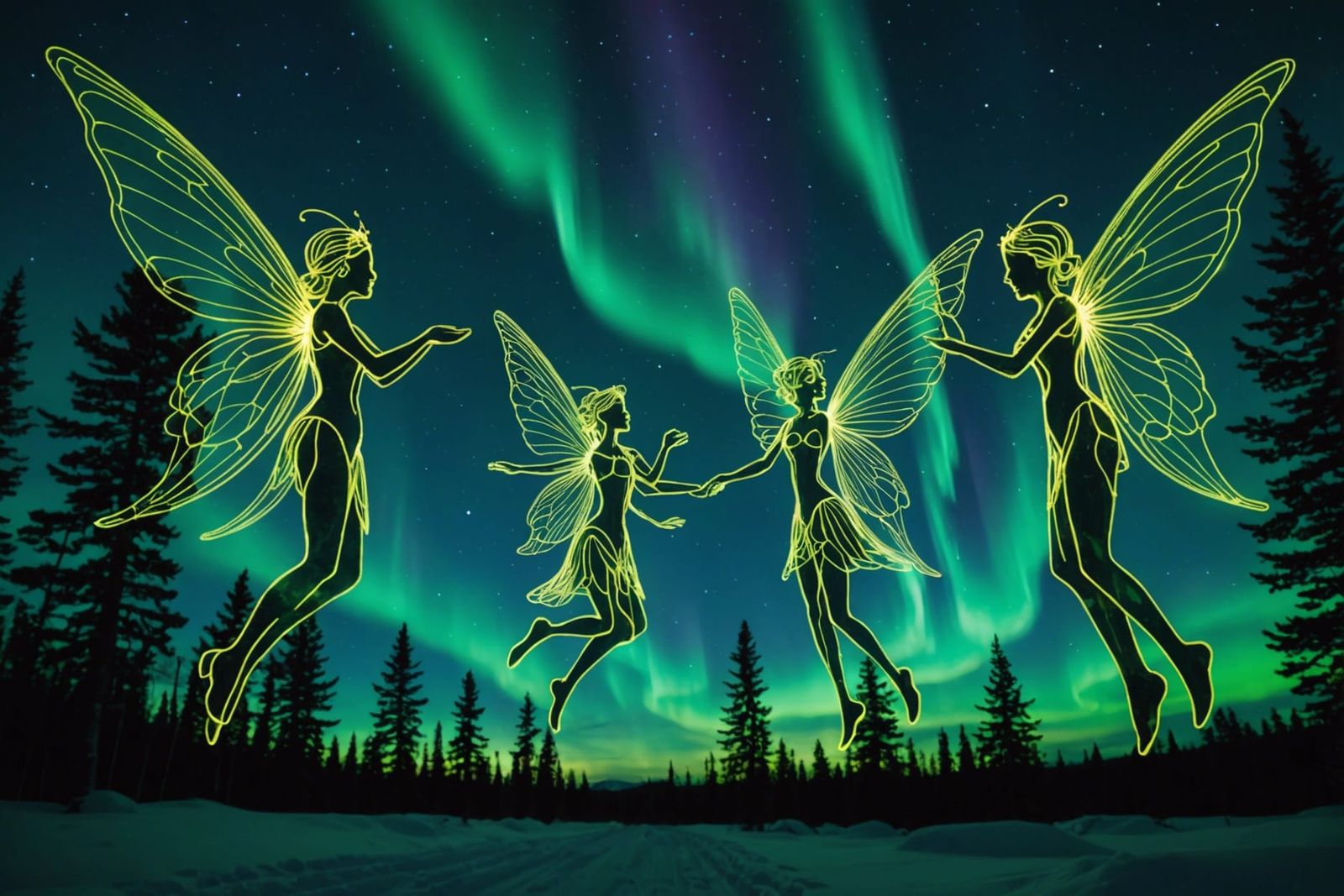 northern lights create glowing outline of colorful transparent winged ...