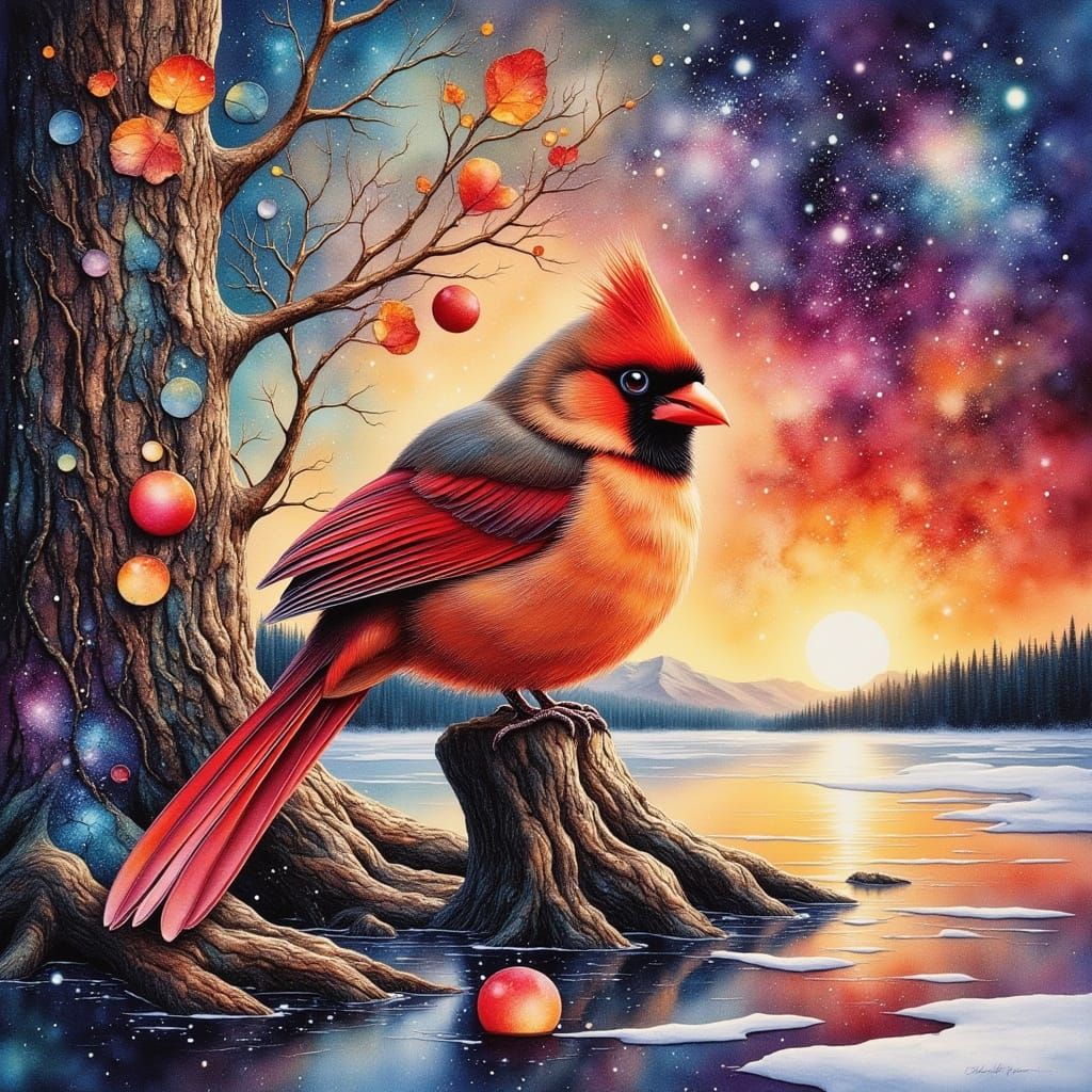 Colorful Cardinal - Whimsical Cardinal Perched on a Frozen L...