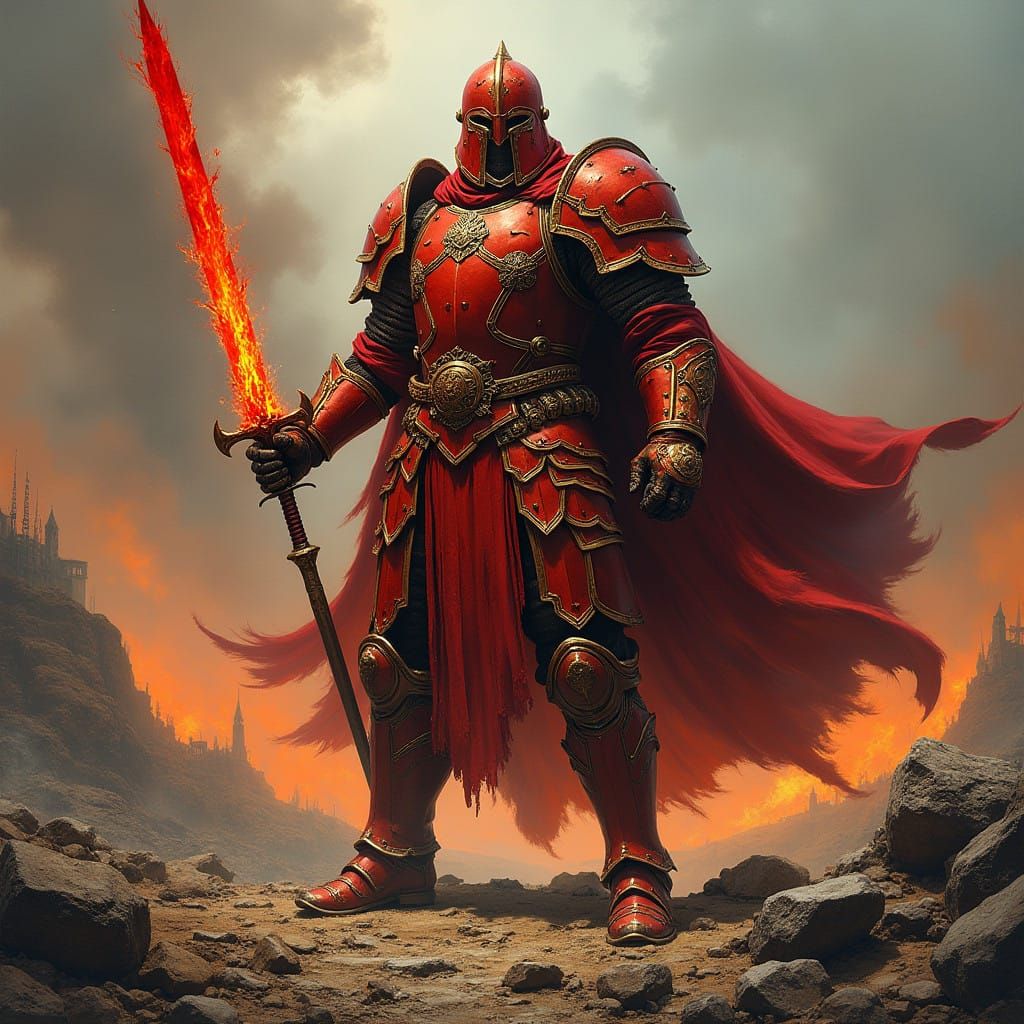 Epic Fantasy Warrior in Crimson Plate Armor with F... - AI Art