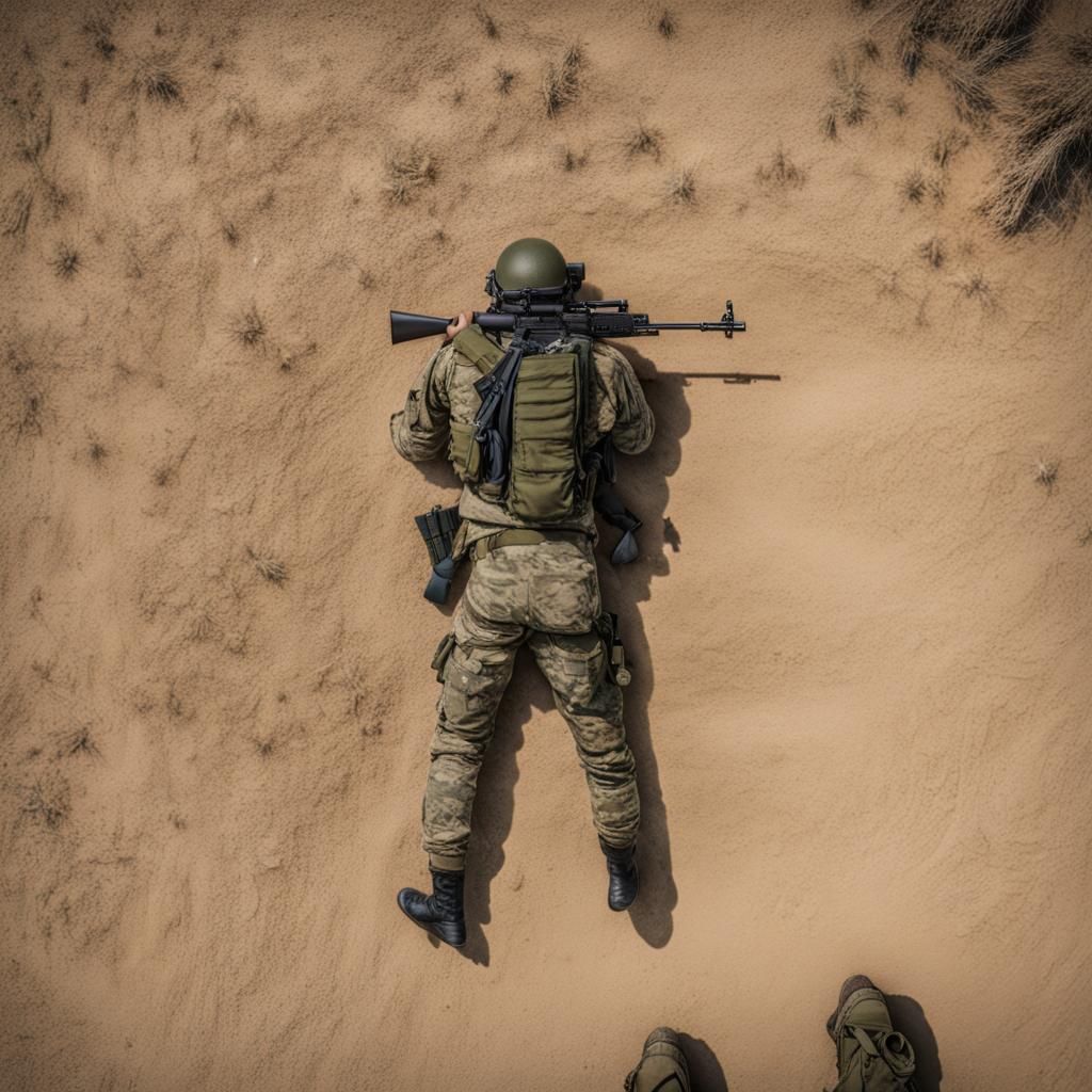 top down view of a soldier with a rifle standing up, the view is 45 ...