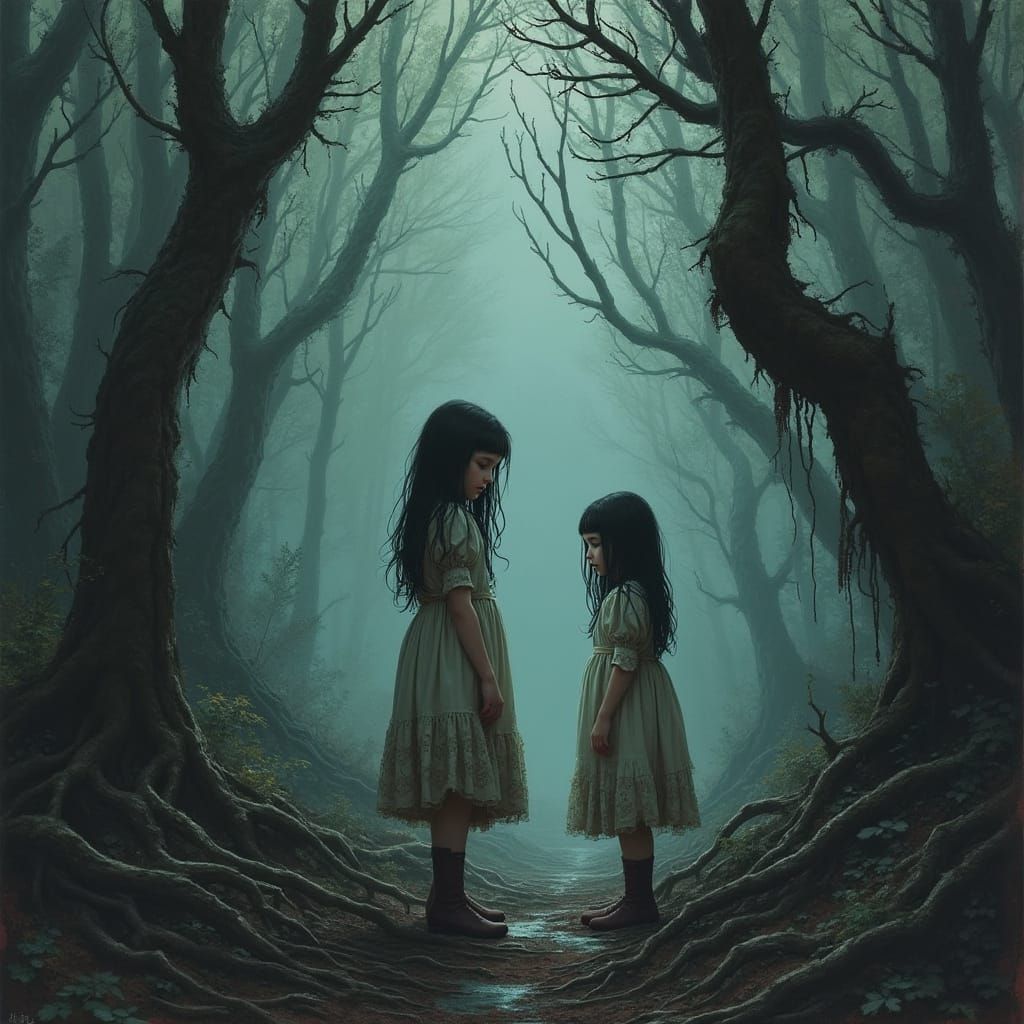 Ethereal Macabre: Little Girls Amidst Twisted Root... - AI Art