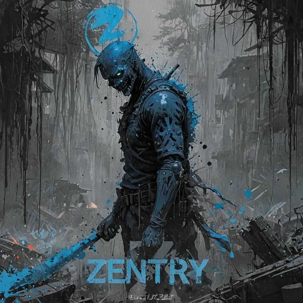 Blue ZENTRY!!!", negative black and white Speedpaint with large brush strokes and paint splatter ...