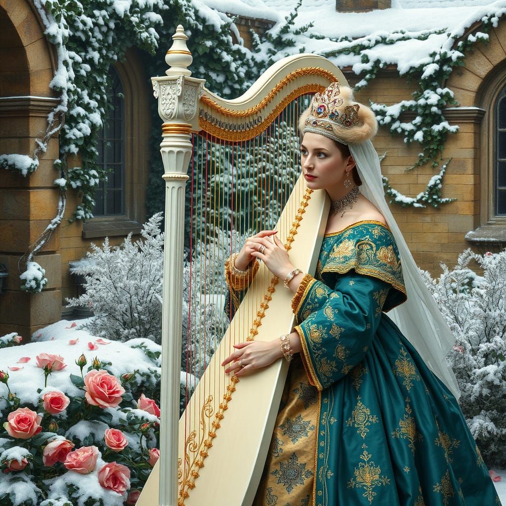 Regal Harp in Elizabethan Attire Against English R... - AI Art