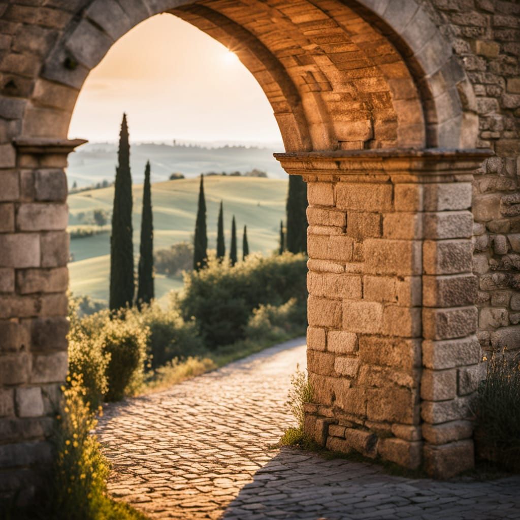 Tuscan Renaissance Archway in Warm Golden Light - AI Art