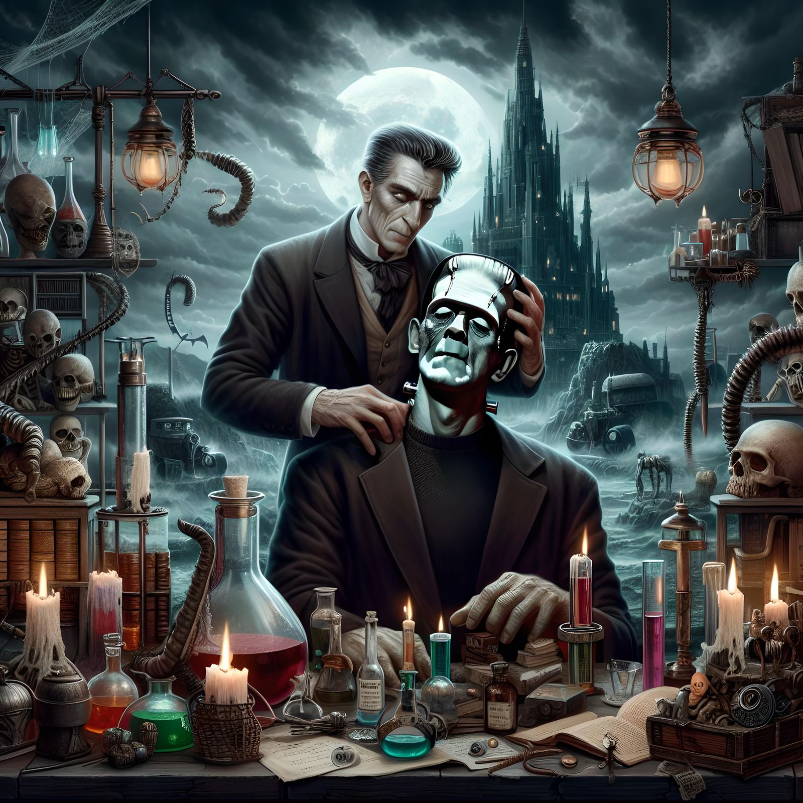 Frankenstein and His Monster - AI Generated Artwork - NightCafe Creator