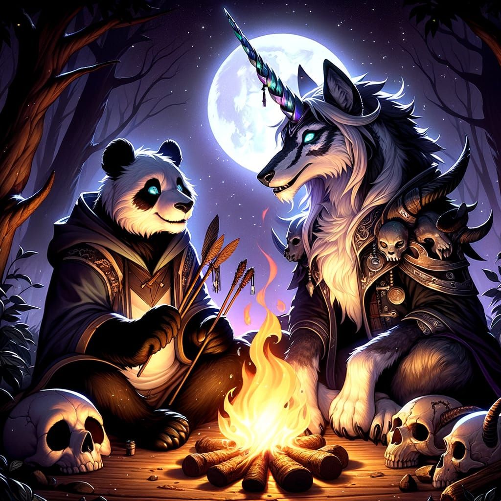 Moonlit Allies by Flickering Campfire - AI Art