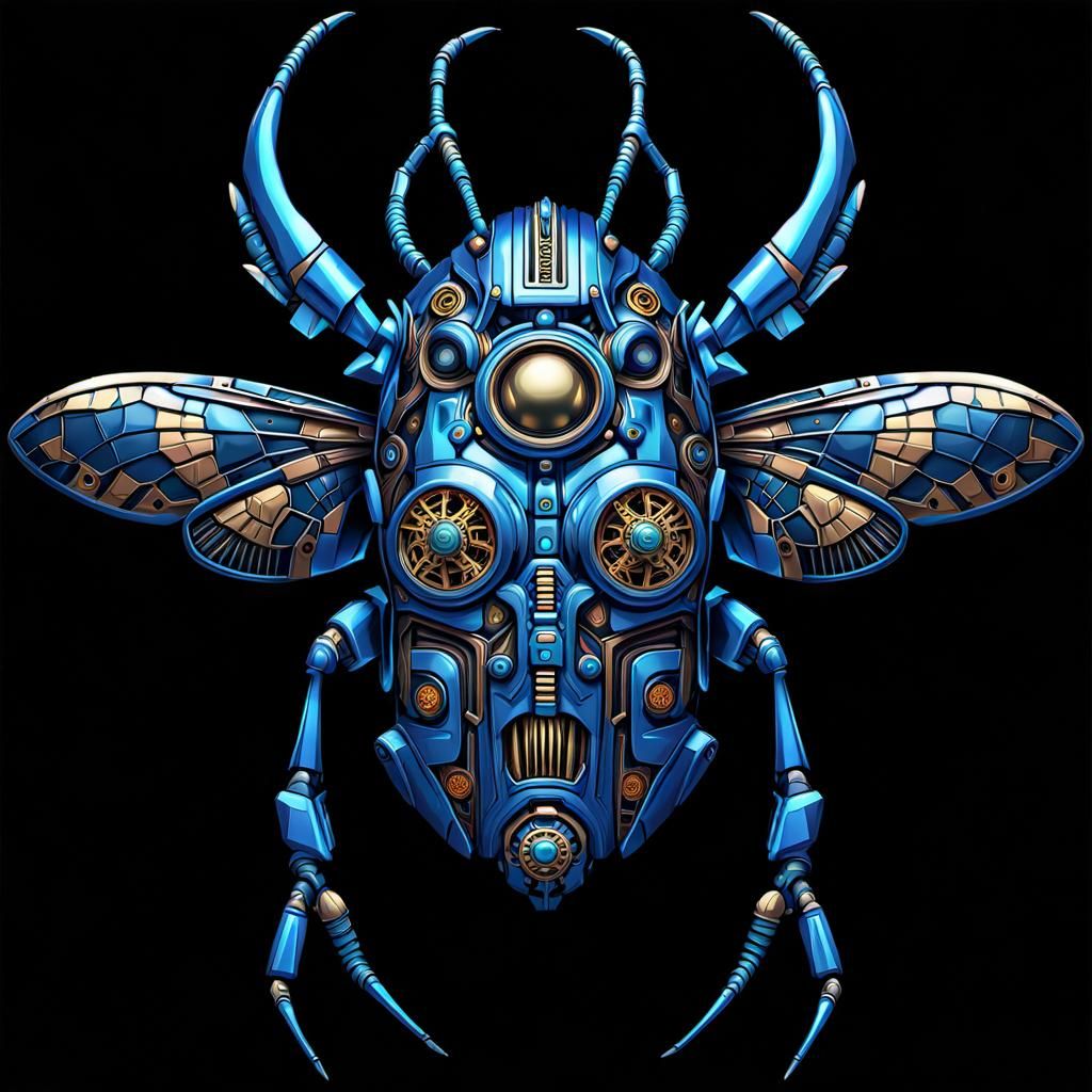 A blue mechanical bug on a black background, Aztec patterns, bismuth ...