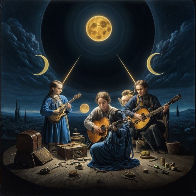 Celestial Children Perform under a Vibrant Moonlit... - AI Art