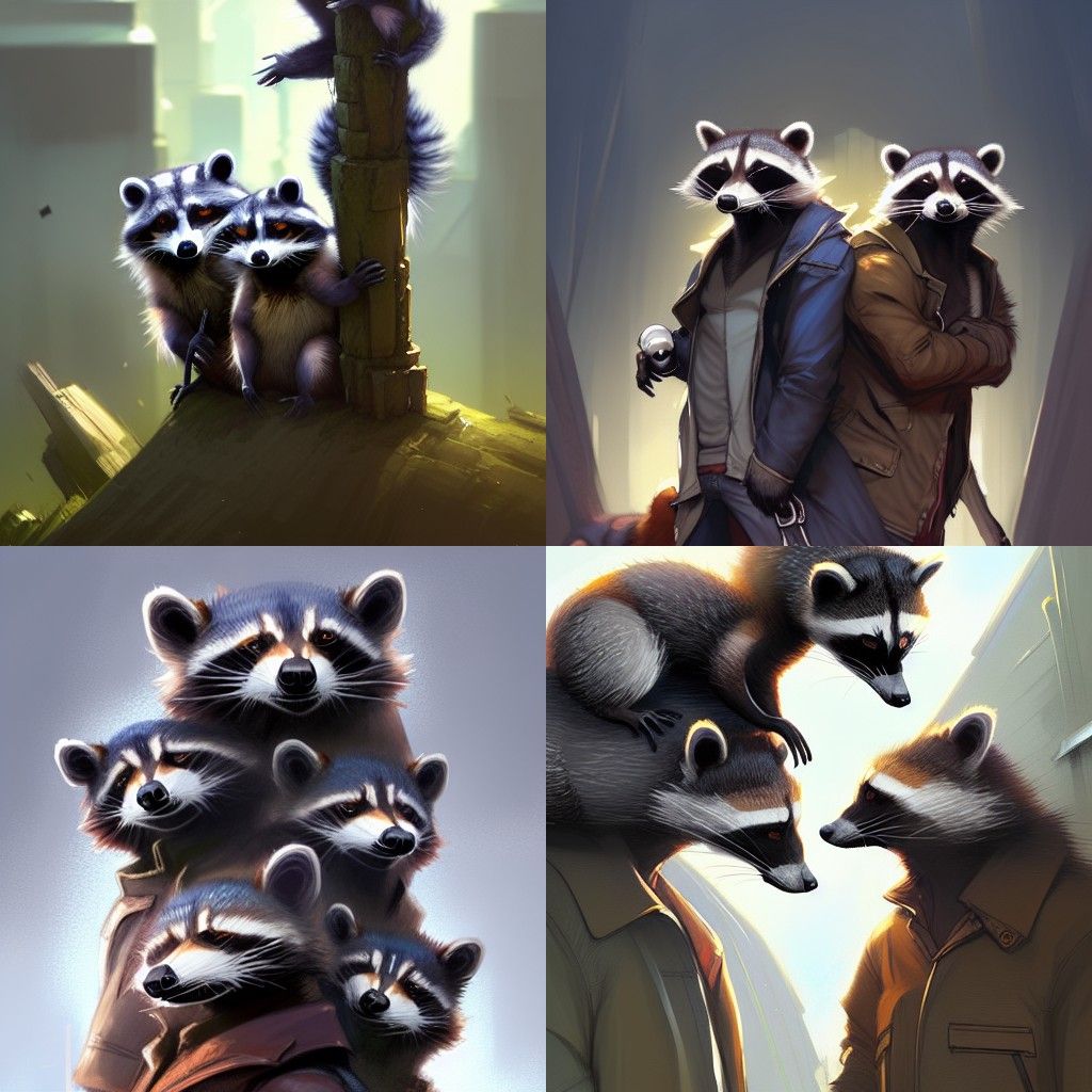 three raccoons standing upright on each other's shoulders covered in a ...