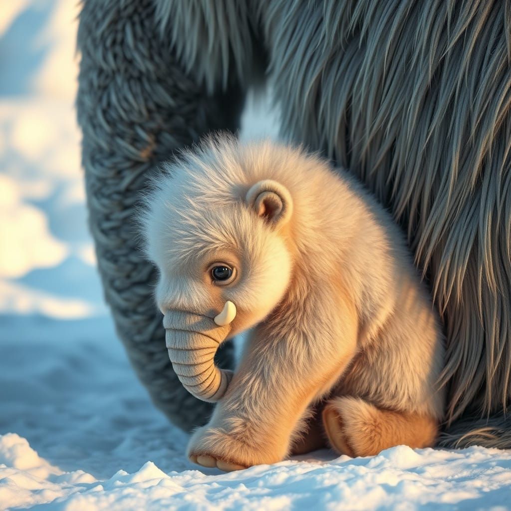 A Gentle Mammoth Mother and Baby in Serene Winter ... - AI Art