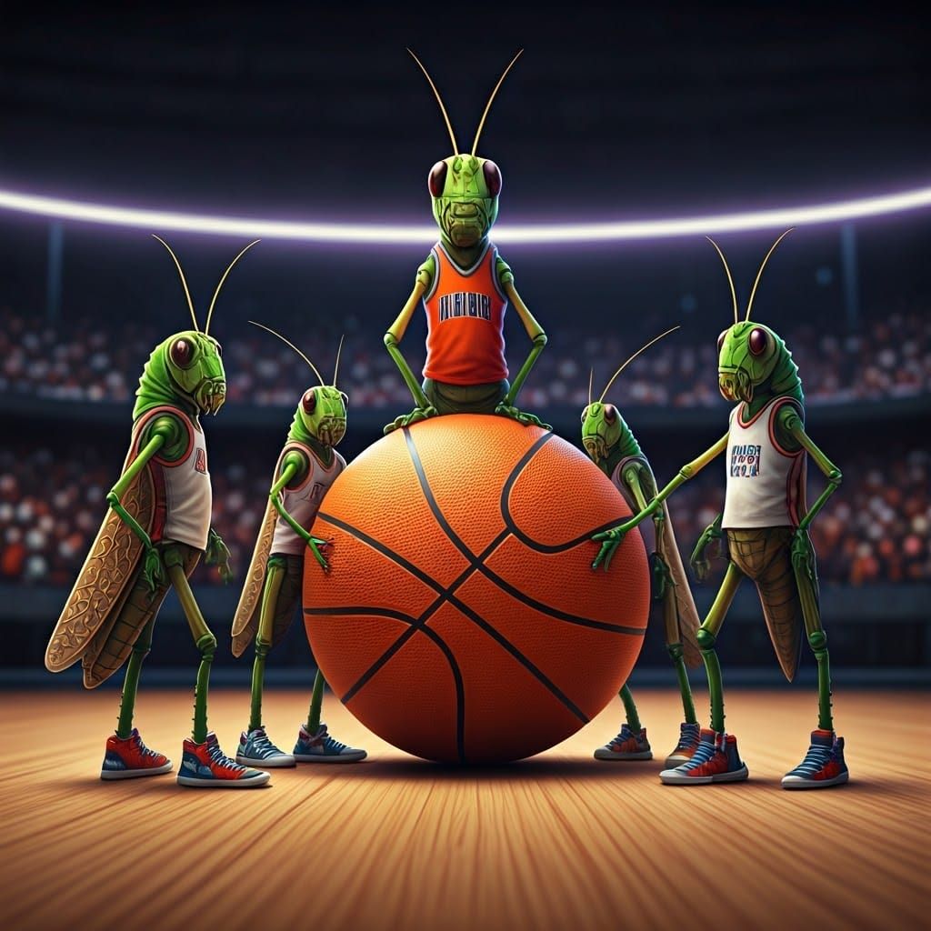 Grasshoppers Play Basketball on Maple Court in Fut... - AI Art