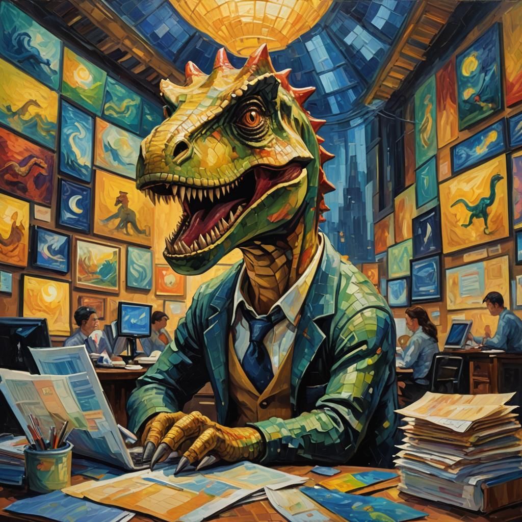 Neo-Expressionist Dinosaur Amidst Swirling Stock M... - AI Art