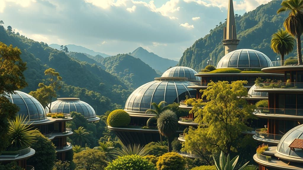 Envision a solarpunk settlement nestled within a lush, verdant valley ...