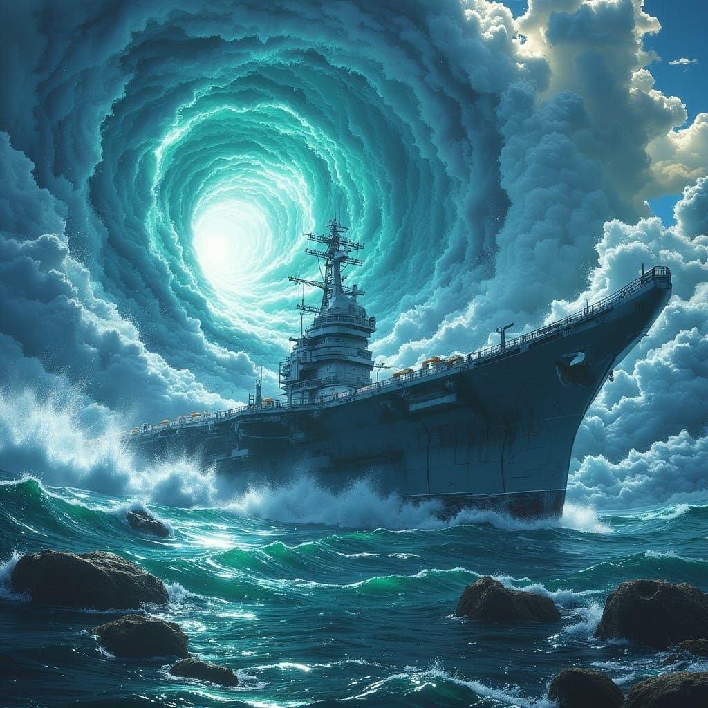Sleek Aircraft Carrier Surfs a Turquoise Vortex wi... - AI Art