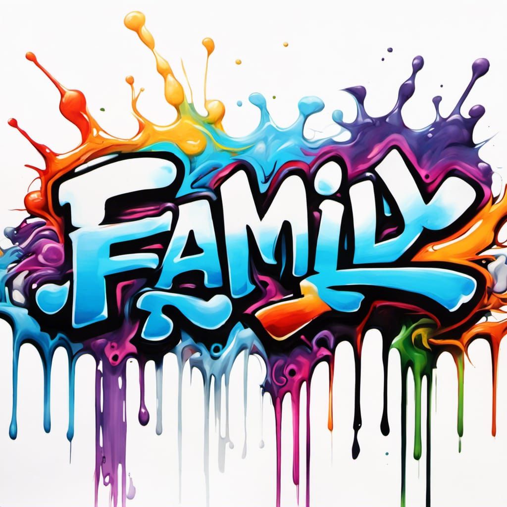 the word "Family" in graffiti art, splash art, street art, spray paint ...