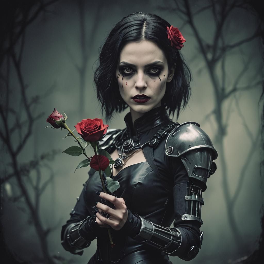Vampiric emo woman holds out a rose with her cybernetic arm - AI ...