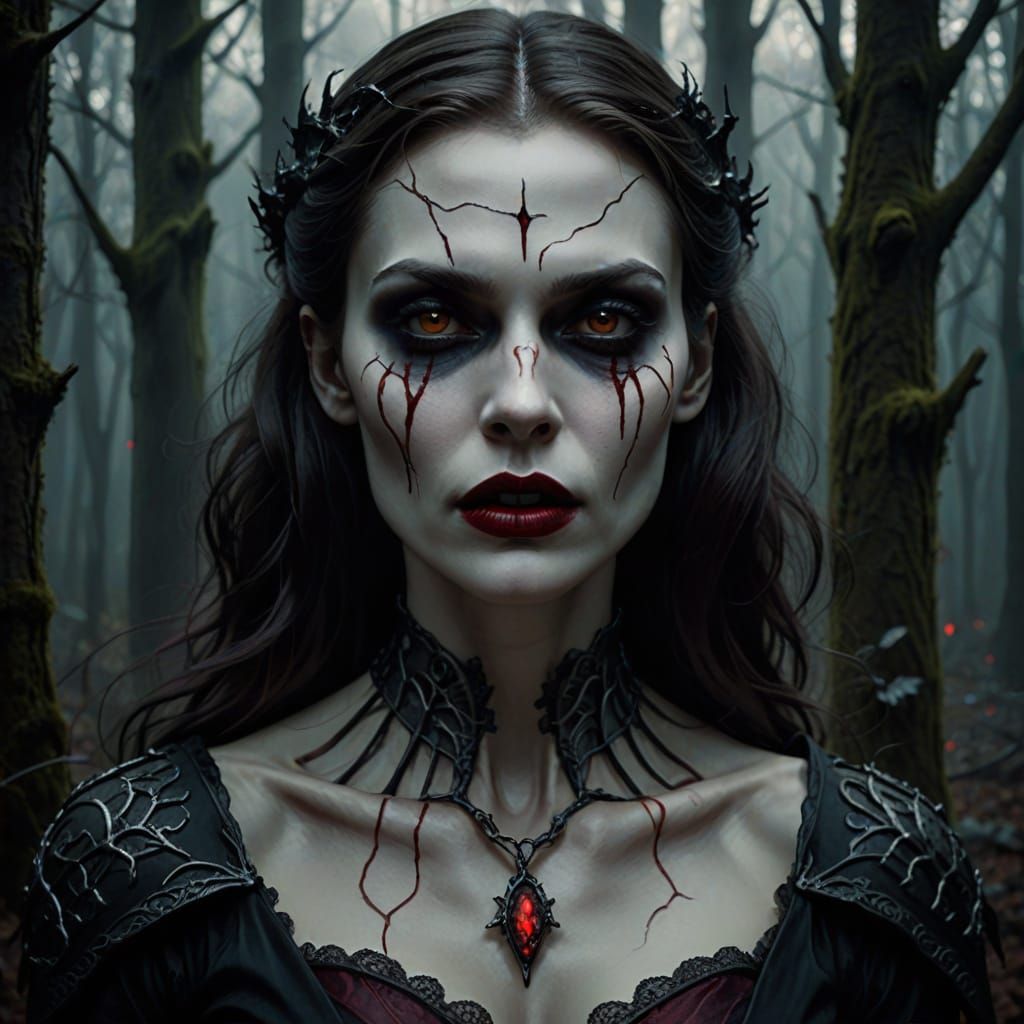 Ethereal Vampire Goddess in Dark Gothic Forest - AI Art