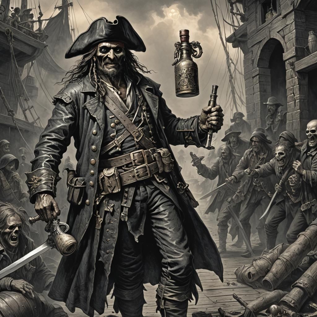 Pirate with scary face and warring a leather coat. And holding a sword ...