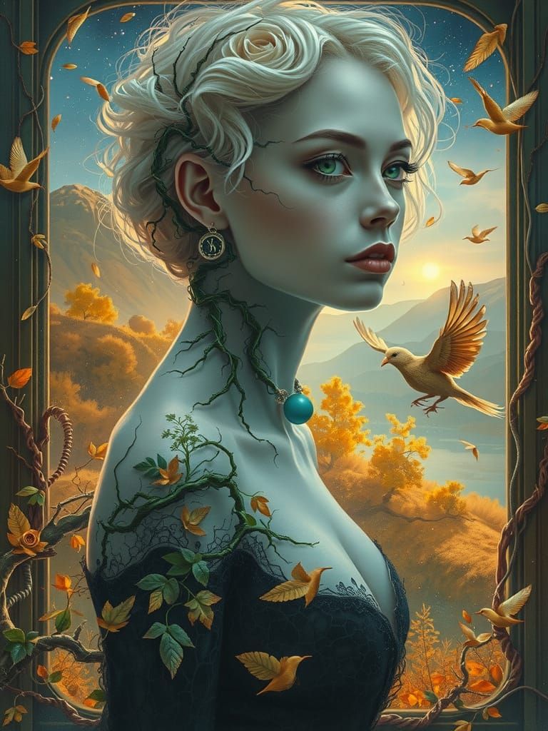 A pale, otherworldly woman with fractal-like vines cracking across her ...