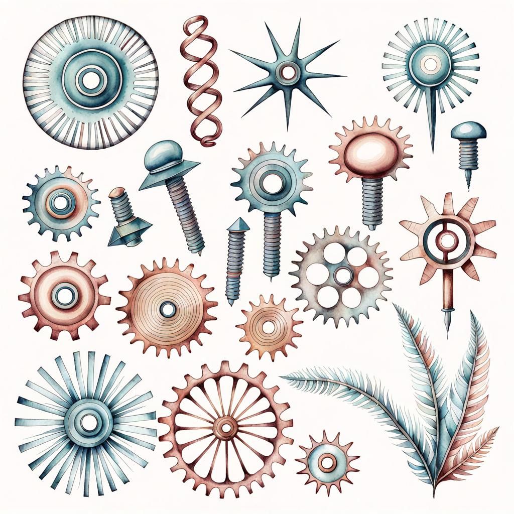 overlapping machine parts, tightly packed busy arrangement of parts ...