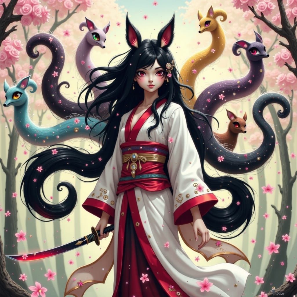 Kitsune in Cherry Blossom Forest, Cinematic Concep... - AI Art