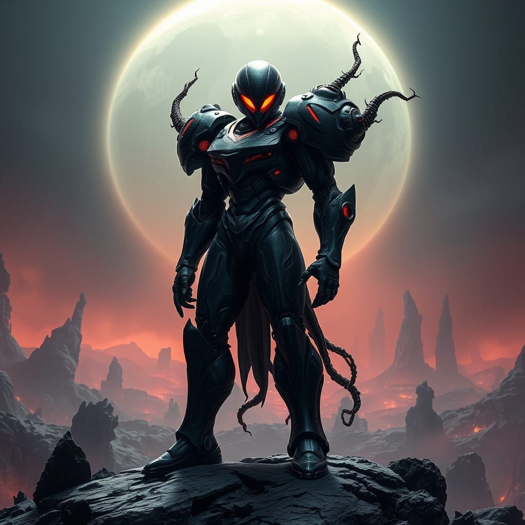 Dark Samus in Phazon Suit Amidst Corrupted Landsca... - AI Art