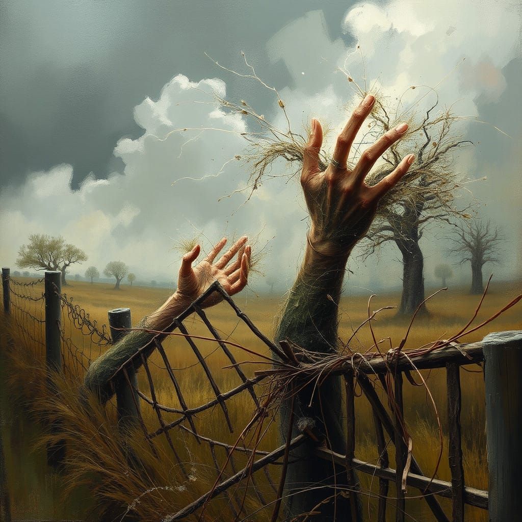 Wind Hands Pull Down Fences and Trees in Turbulent... - AI Art