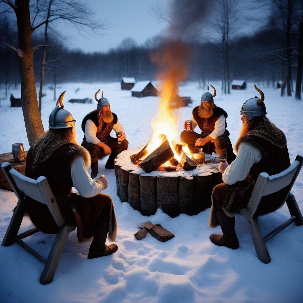 Vikings Raise Mugs in Toast Around a Blazing Fire - AI Art