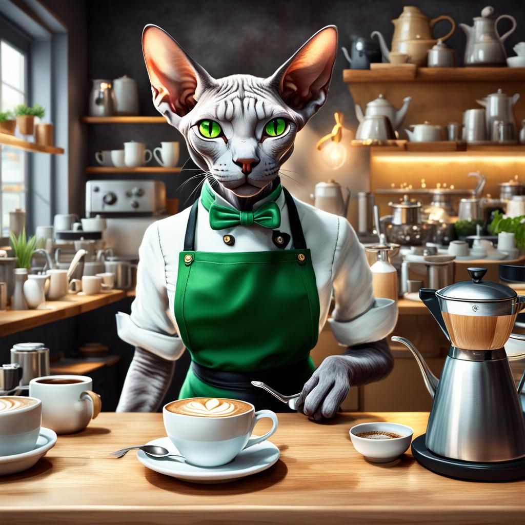 A lively "Cat Cafe" scene, high-resolution photograph, anthropomorphic ...