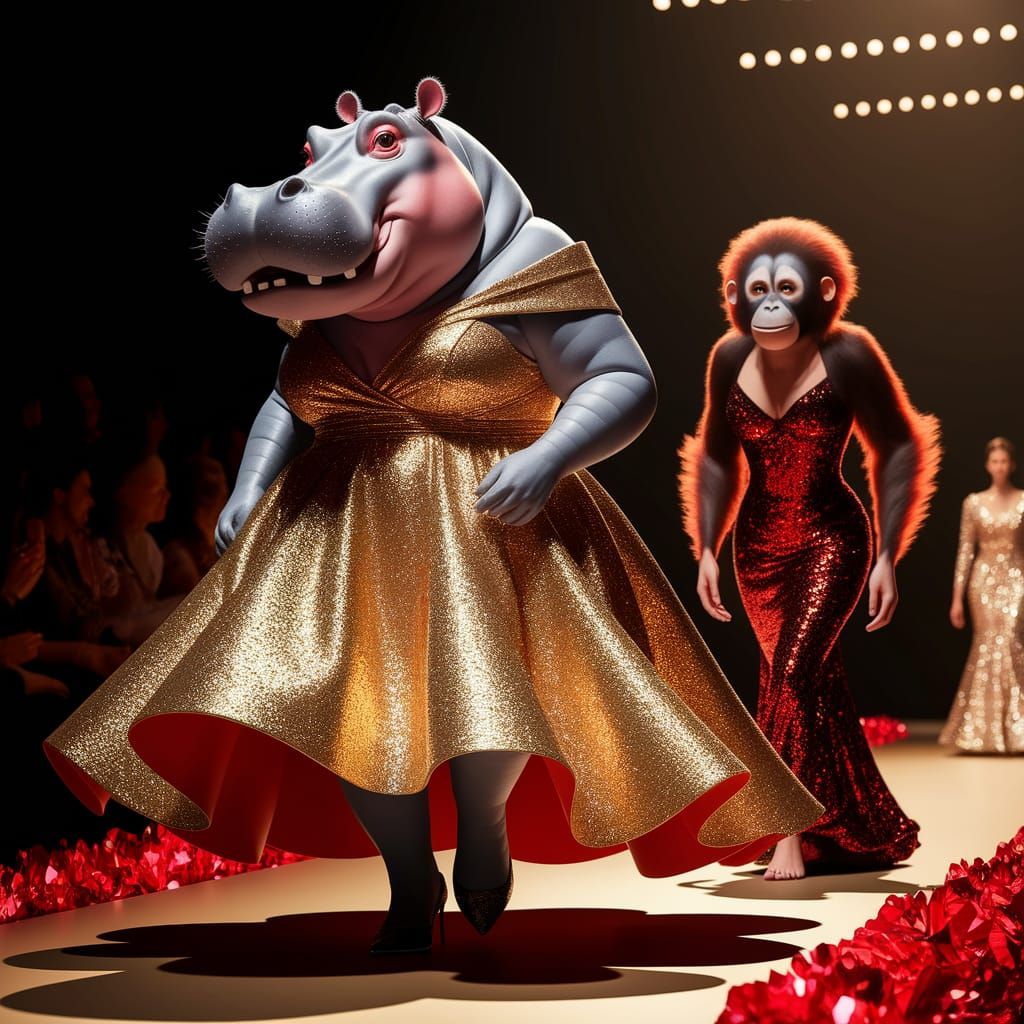 Majestic Hippo Struts Down Fashion Runway in Glitt... - AI Art