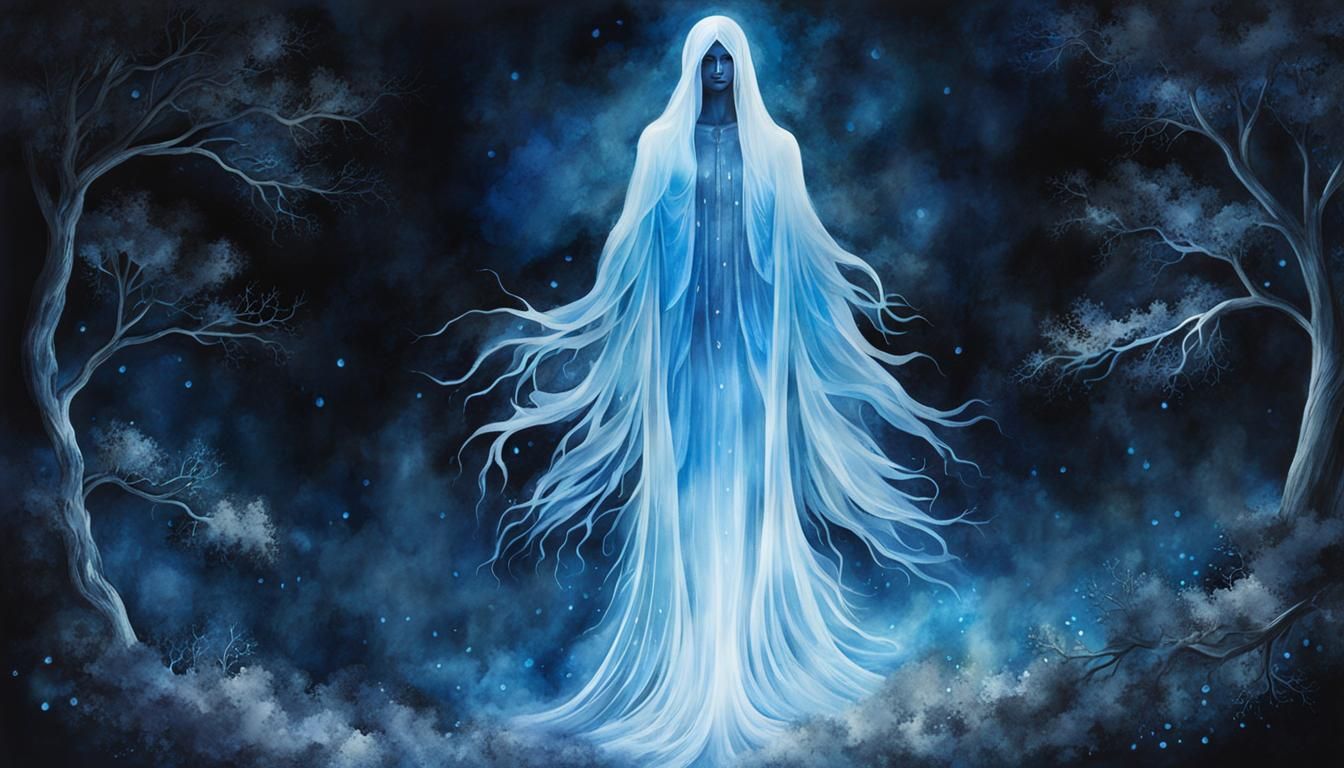 Ghost on the Black background, blue shiny aura, detailed watercolor ...