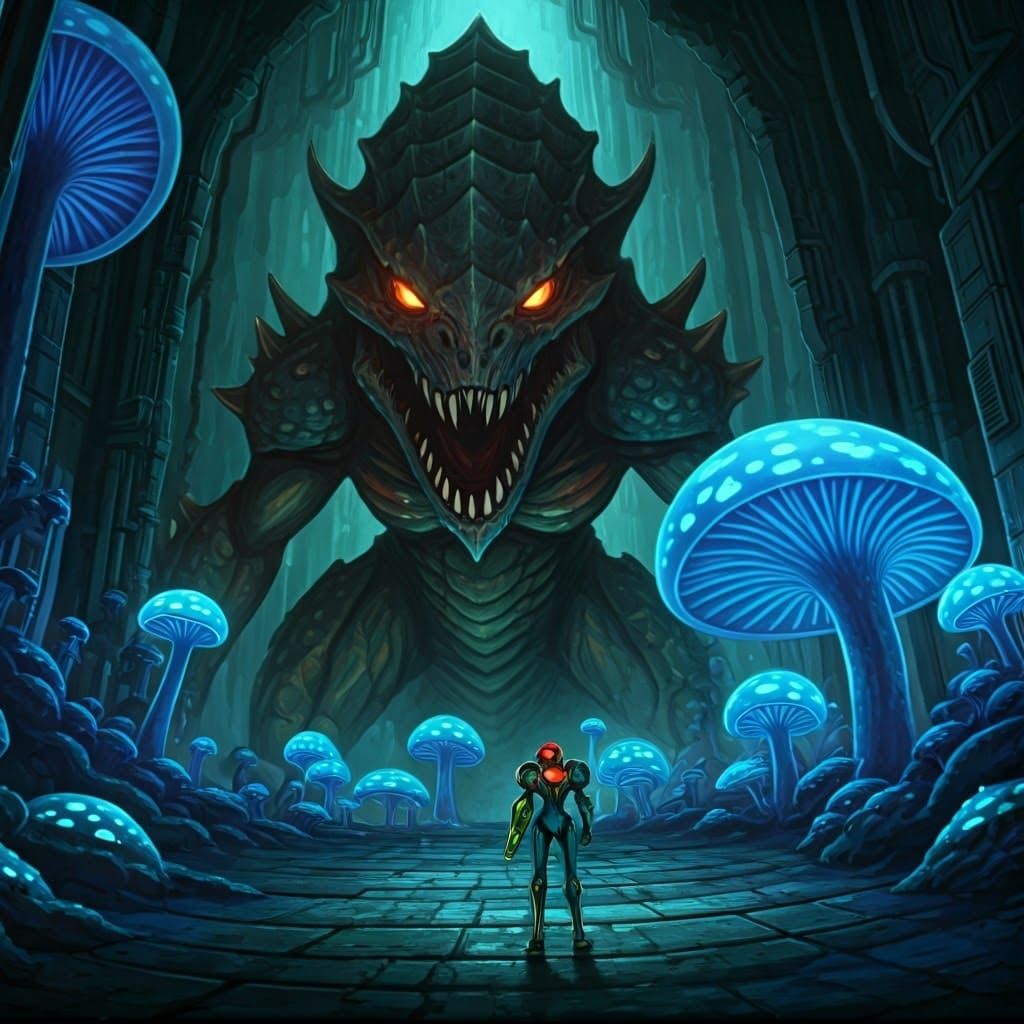 Kraid Looms Over Samus in the Phazon Mines - AI Art
