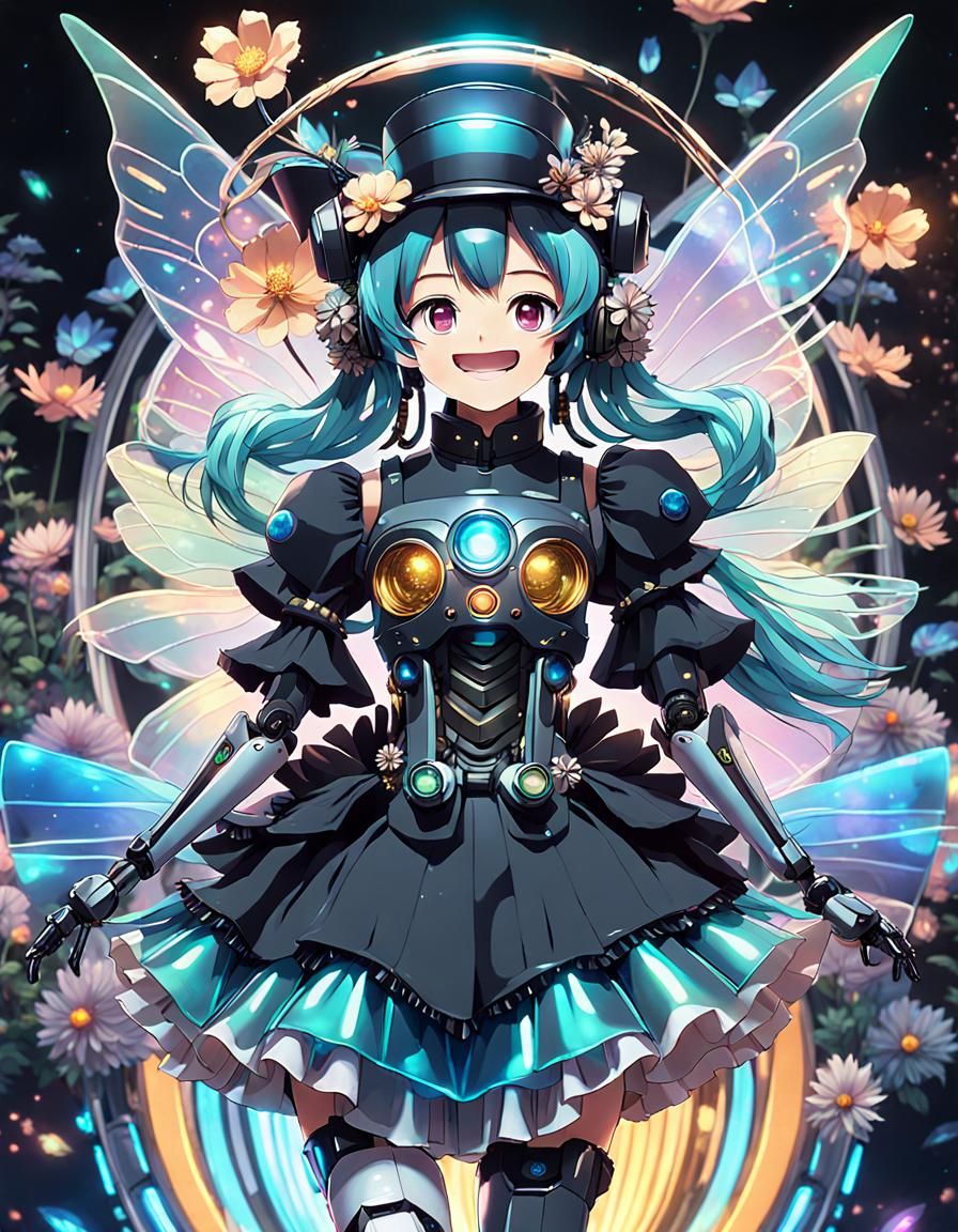 (hyper detailed cute anime art of a cute robot girl with glass fairy ...