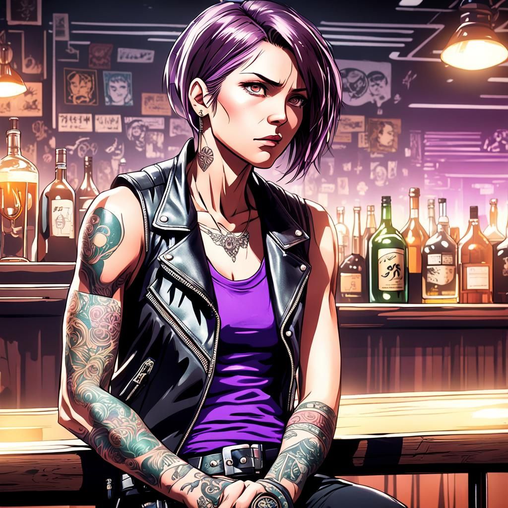 Strong brown haired 30 year old rocker woman with tattoos wearing a ...