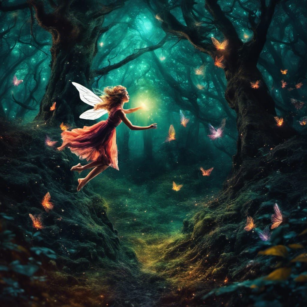 Flying fairy in the middle of an enchanted forest. High contrast, deep ...