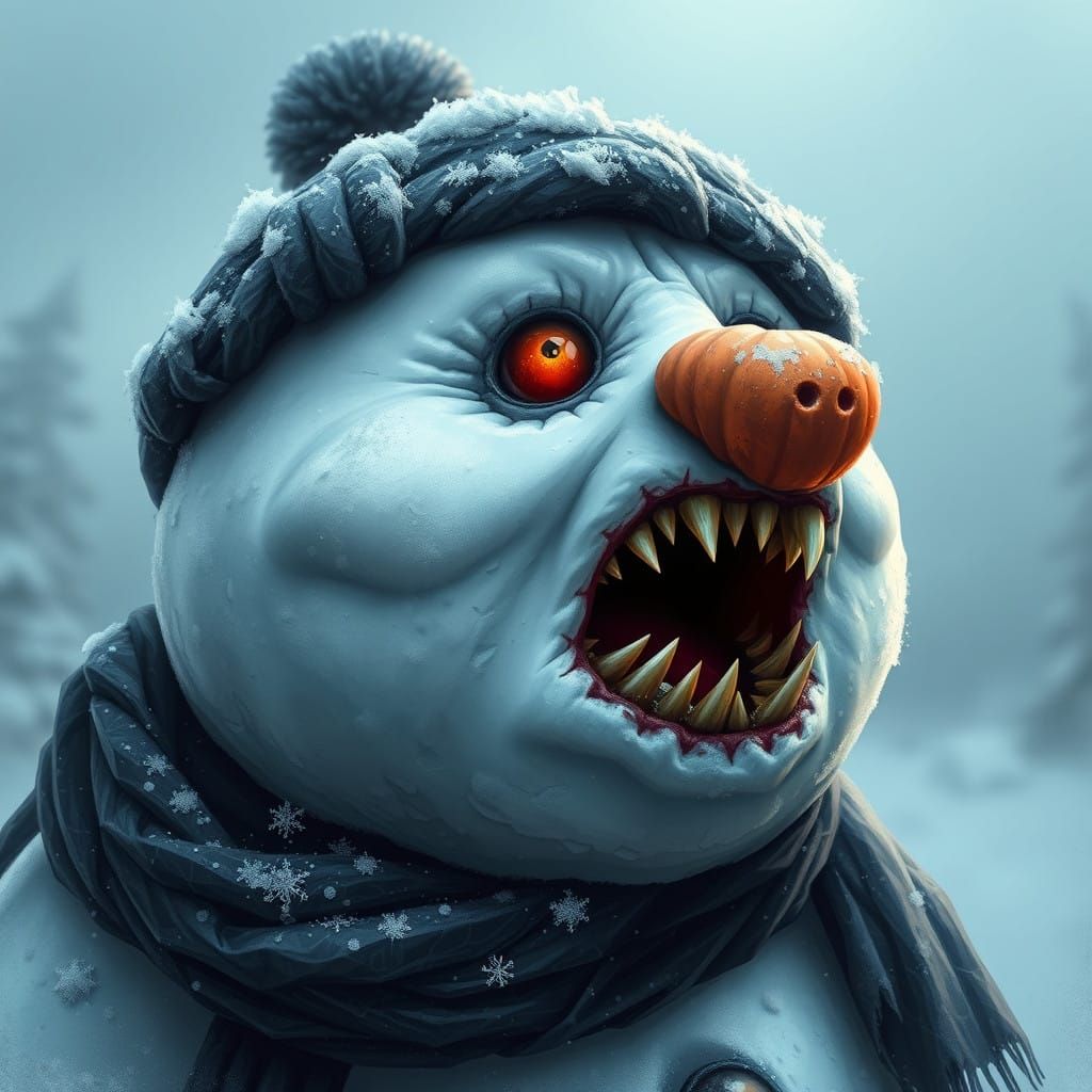 A realistic portrait of a snowman with sharp, spooky teeth.