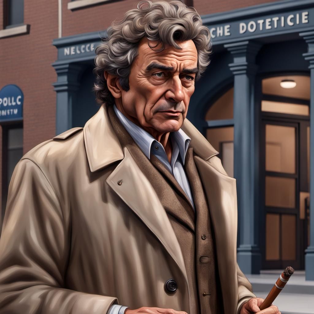 8k realistic, intricate details, detective columbo in a rumpled coat ...