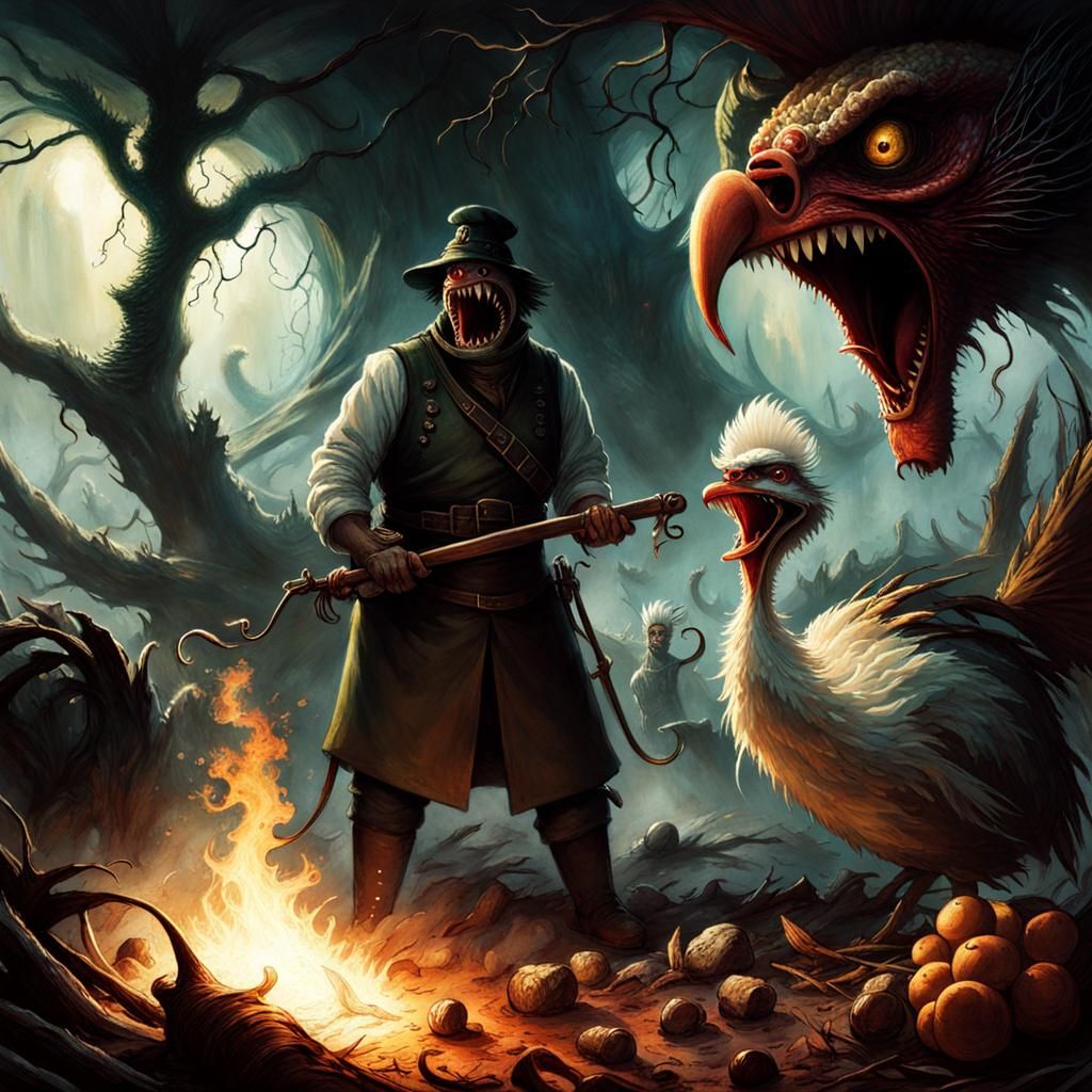 Fantasy-based realistic scene where an oven monster with a gaping ...