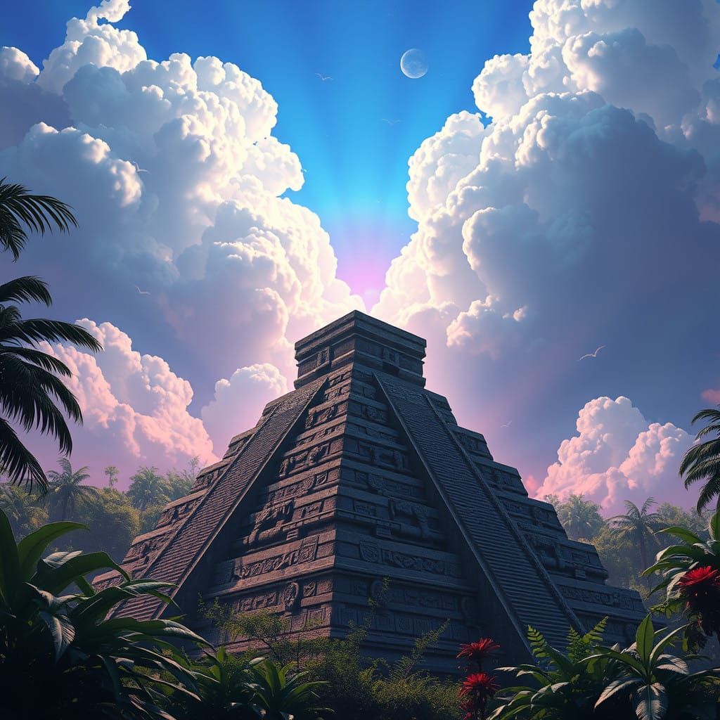 aztec pyramid - Aztec Pyramid in Vibrant, Mystical Jungle