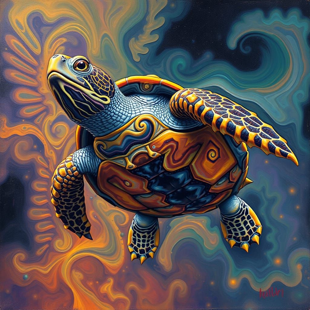 Realistic oil painting. Fractal.Psychedelic turtle.